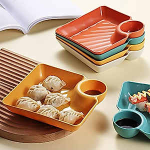 Hemoton Paper Plates 4Pcs Ceramic Dumpling Plate with Sauce Compartment, 7.2 * 7.2 inch Serving Plate with Sauce Holder, Chips and Salsa Plate, Serving Plate with Sauce Divider Platter Cheese Board