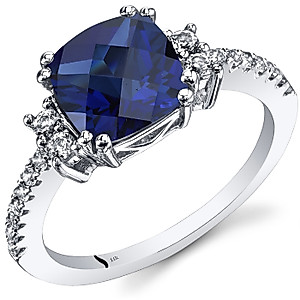 PEORA Solid 14K White Gold Created Blue Sapphire Ring with Genuine White Topaz, 3 Carats, Cushion Cut, 8mm, Size 5