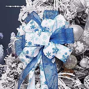 Christmas Tree Topper Bow, 44X12 Inch Artificial Xmas Tree Flower Topper Decor, for Family, Wedding, Birthday Party, Indoor Outdoor Thanksgiving Christmas Decoration - Blue/White/Snowflake.