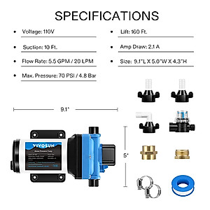 VIVOSUN Water Pressure Pump, 110V 5.5GPM 70 PSI Diaphragm Water Pump Include 1/2" and 3/4" Garden Hose Adapters, Power Plug for Bathrooms, Kitchens, RVs, and Yachts