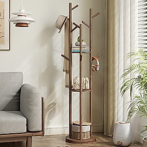 KASLANDI Coat Rack, Rotary Coat Rack Freestanding,FAS Grade Rubber Wood,Coat Rack Stand with 3 Shelves and 9 Hooks, Sturdy and Easy Assembly Wooden Coat Tree (Walnut)
