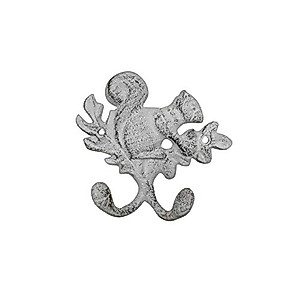 HANDCRAFTED NAUTICAL DÉCOR Whitewashed Cast Iron Squirrel with Acorn Decorative Double Metal Wall Hooks 8"