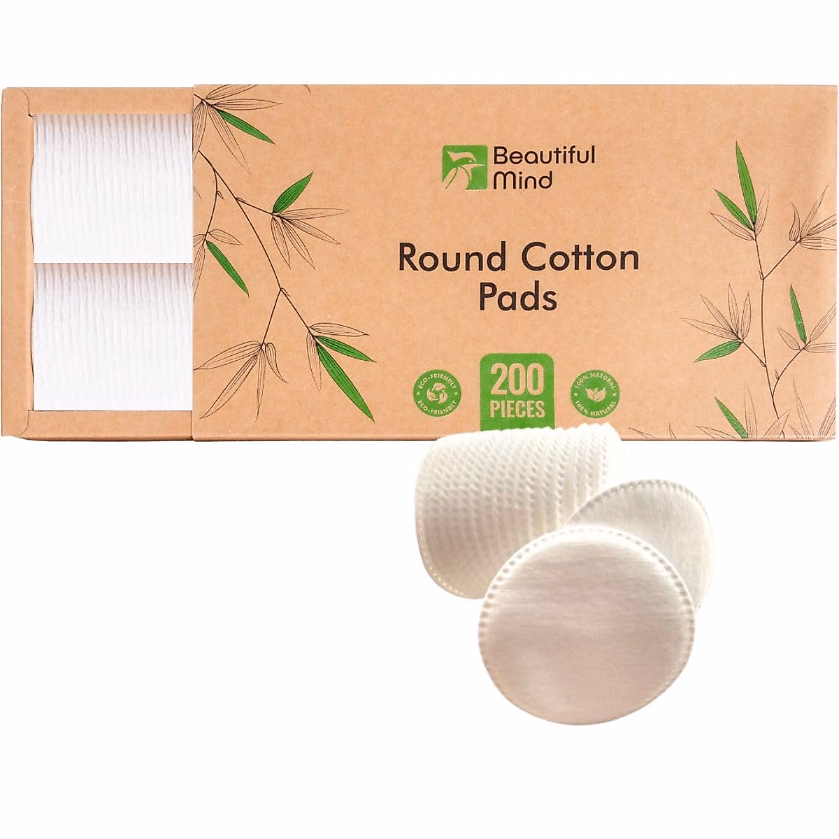 Beautiful Mind Cotton Rounds Makeup Remover Pads – Pack of 200 – Lint Free Eco-Friendly & Compostable – Use as Makeup Applicator, Nail Polish Remover, or Baby Care Pad – Kraft Box
