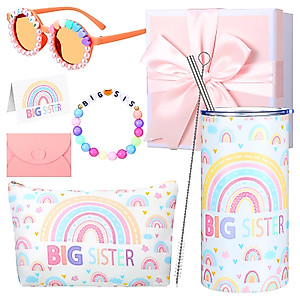 Havawish 7 Pcs Big Sister Gift 14oz Pink Sister Cup Vacuum Insulated Tumbler with Straw and Brush Big Sister Bracelet Party Sunglasses Makeup Bag Gift Box Envelope Greeting Card for Wedding Party