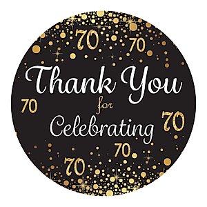 Black and Gold 70th Birthday Thank You Stickers - 1.75 in - 40 Labels