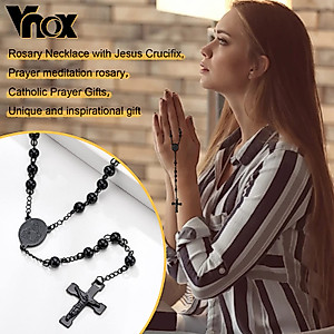 VNOX Rosary Cross Necklace for Men Women,Long Rosary Beads Catholic Cross Y Necklace with Crucifix Cross Virgin Mary Medal Pendant,6mm Bead,Black
