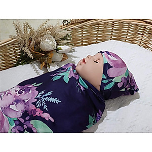 Newborn Swaddle Blanket with Beanie Set,Soft Stretchy Blanket for 0-3 Months Baby Boys and Girls(Purple Flower)