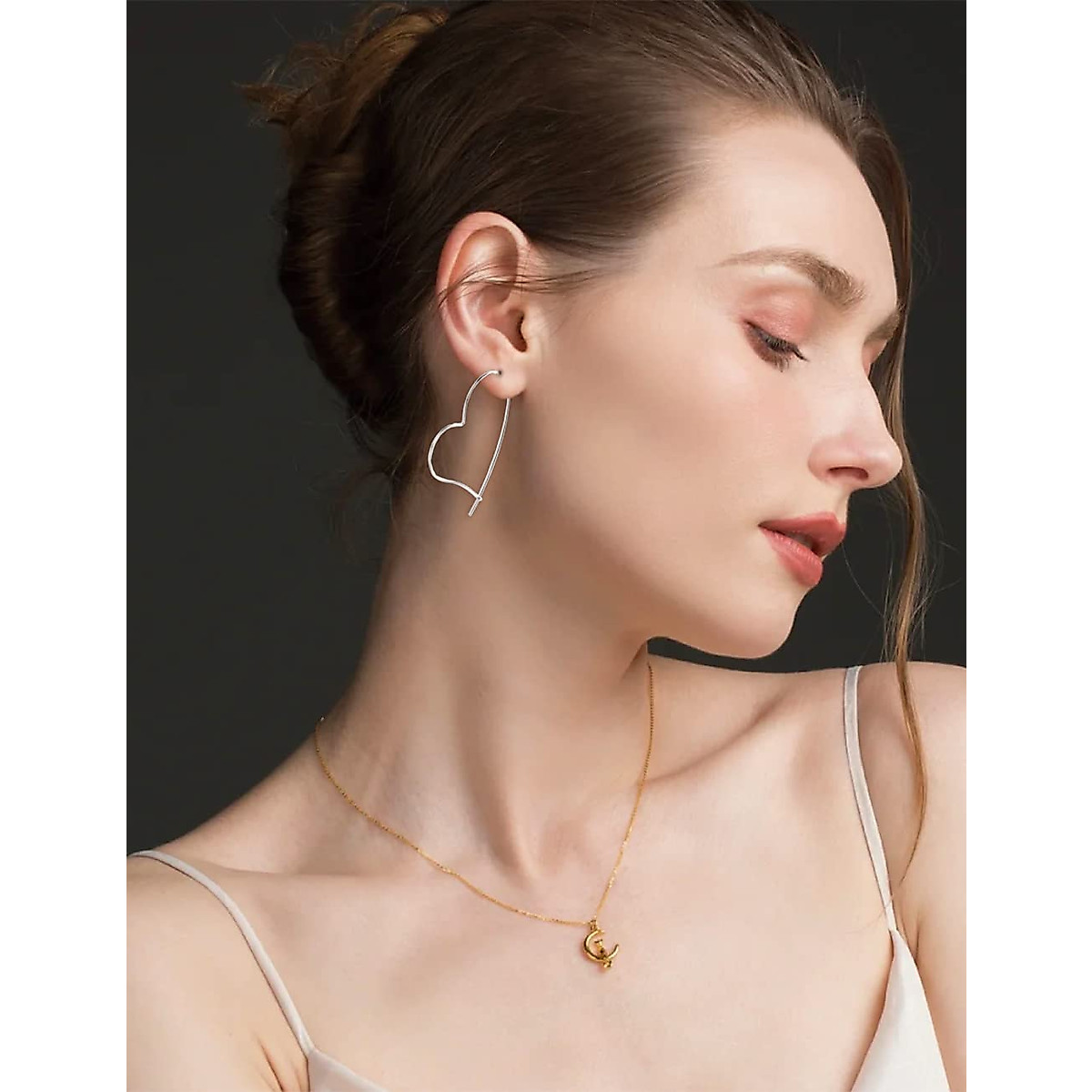 925 Sterling Silver Big Large Heart Hoop Earrings Threader Earrings for Women Thin Wire Lightweight 50mm for Women