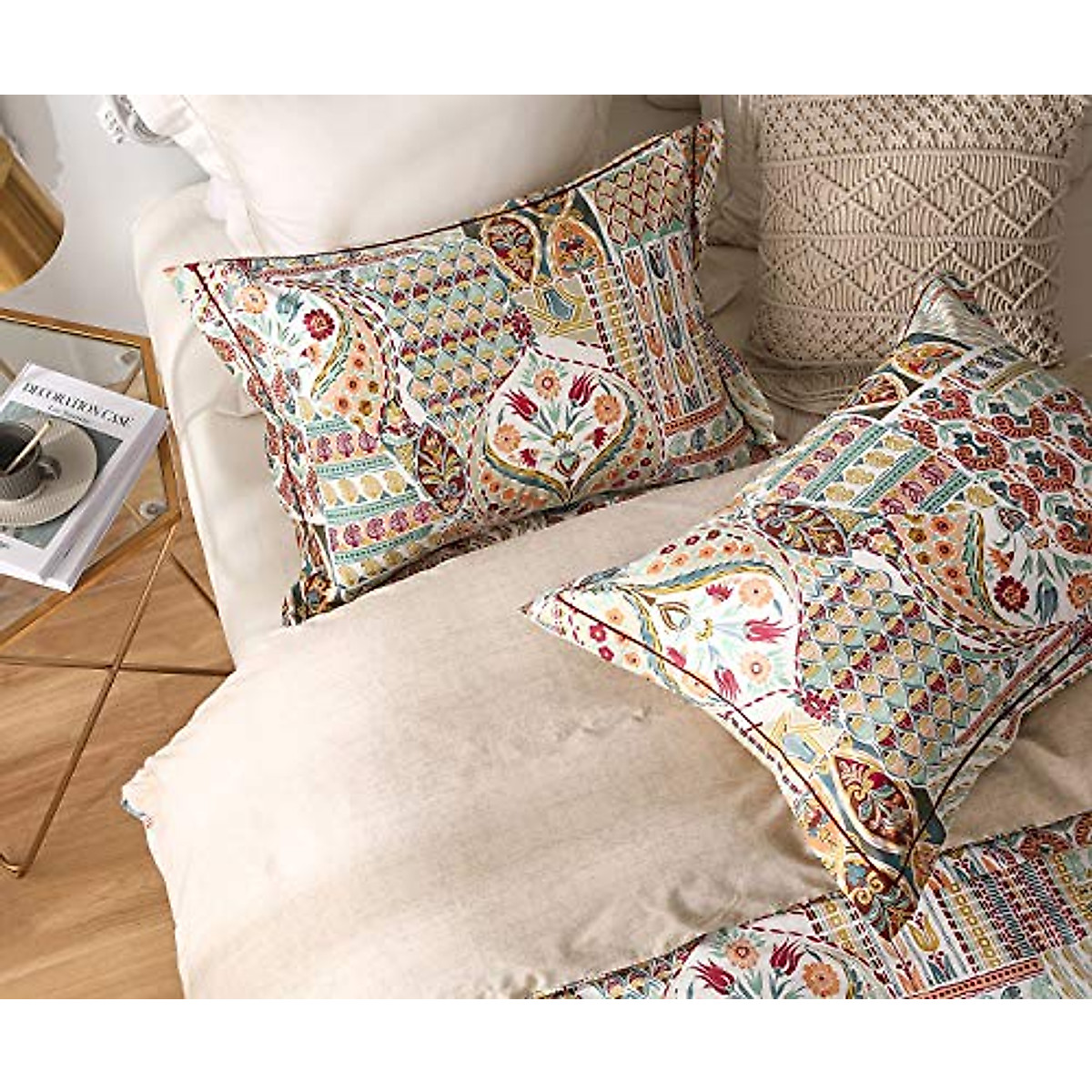 SLEEPBELLA Duvet Cover Queen Size, 600 Thread Count Cotton Beige & Dark Red Printed with Luxurious Botanical Pattern Boho Comforter Cover Sets, Bedding Set 3Pcs (Queen, Beige-Bohemian)