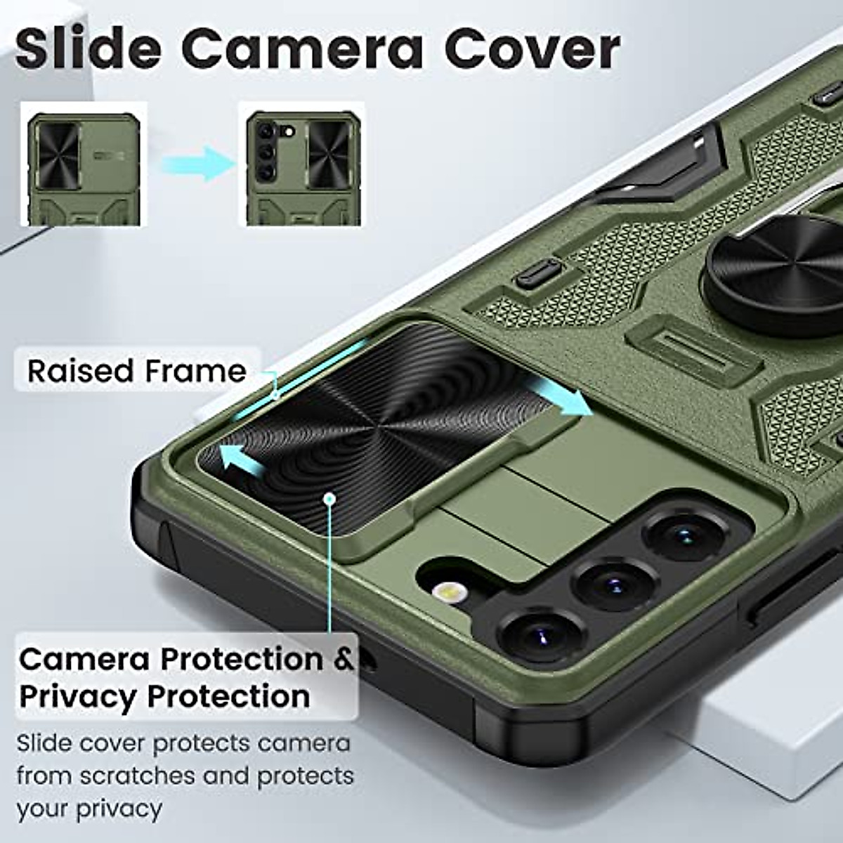 Caka for S22 Plus Case, Samsung Galaxy S22 Plus Case with Camera Cover & Kickstand with Built-in 360° Rotate Ring Stand Magnetic Magnet Protective Phone Cover Case for Galaxy S22+ Plus 5G -Green