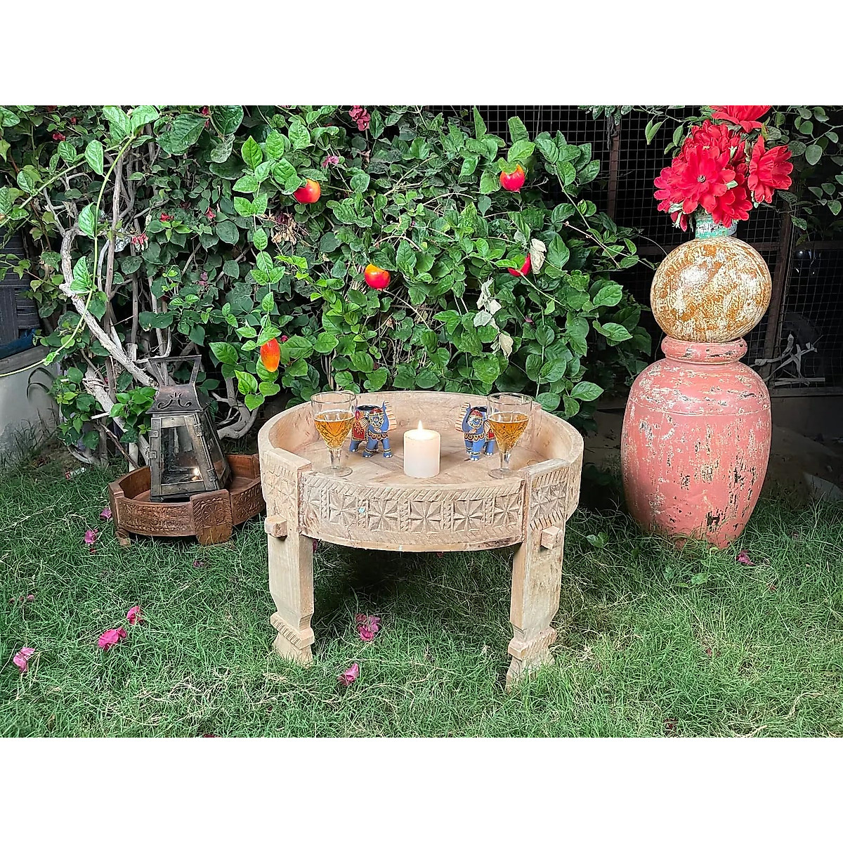 Wooden Indian Natural Carved Chakki Table/Coffee Table/Round Rajasthani Desrt Dinner Table/Side Table/Lamp Holder Table/Candle Holder Table