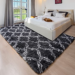 Unirea Shag Area Rug Modern Indoor Plush Fluffy Rugs, Super Soft and Fuzzy Carpet, Geometric Moroccan Rugs for Bedroom Living Room Girls Kids Nursery, 4x6 Feet Dark Grey/White