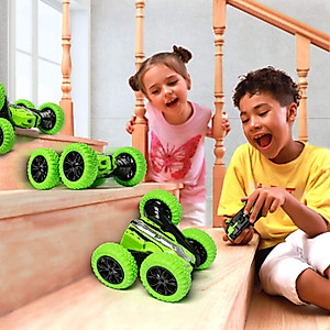 Zyerch RC Car, 4 Wheel Drive Stunt Car Toy for Kids, Hobby RC Crawlers, Double Sided Rotating 360°Remote Control Car, Dual-Color Headlights Blue/Red/Green, (K-02)