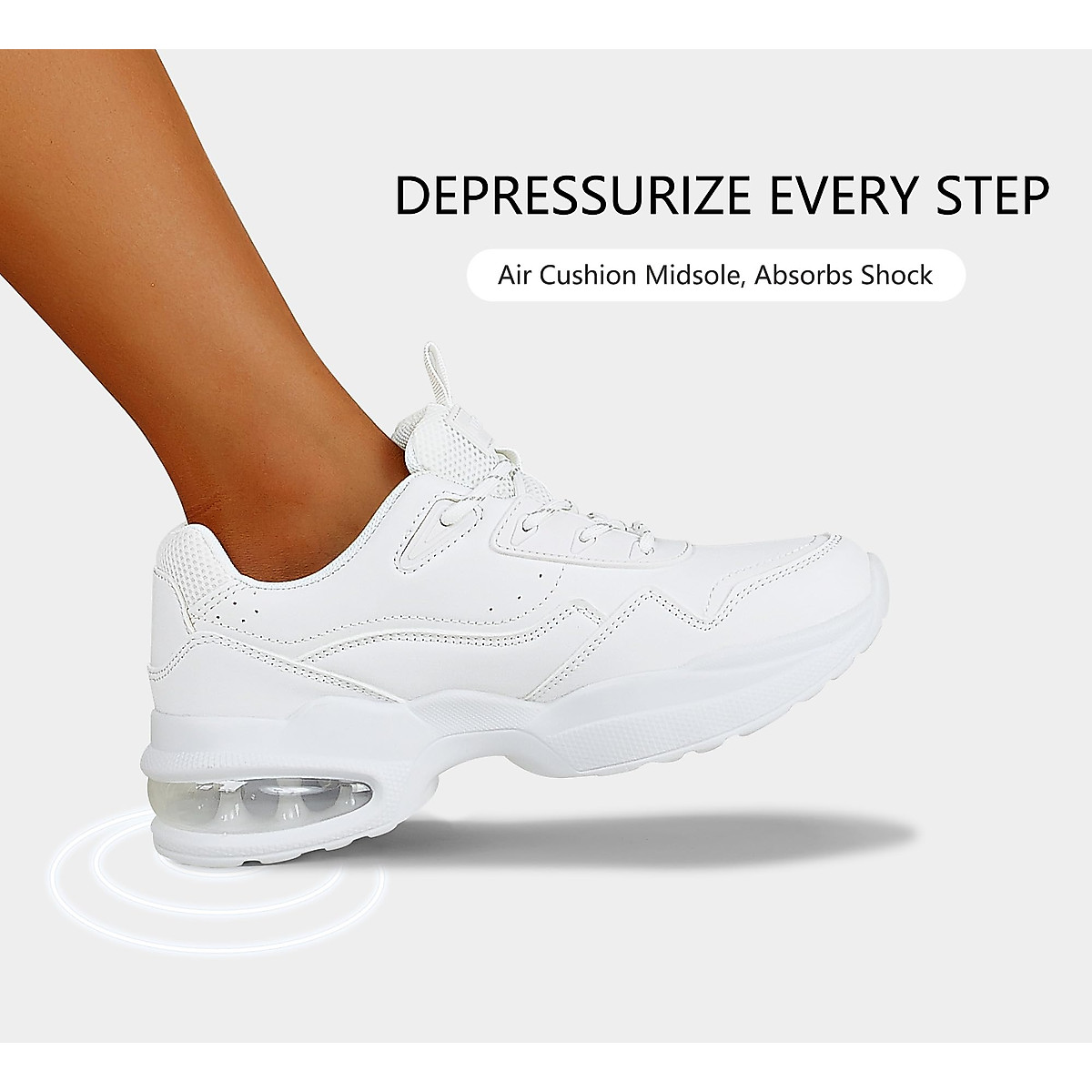 LUCKY STEP Women‘s Air Cushion Fashion Sneakers Platform Casual Walking Resistant Tennis Shoes Hologram Leather Comfortable Travel Sneakers(All White,9B(M) US)