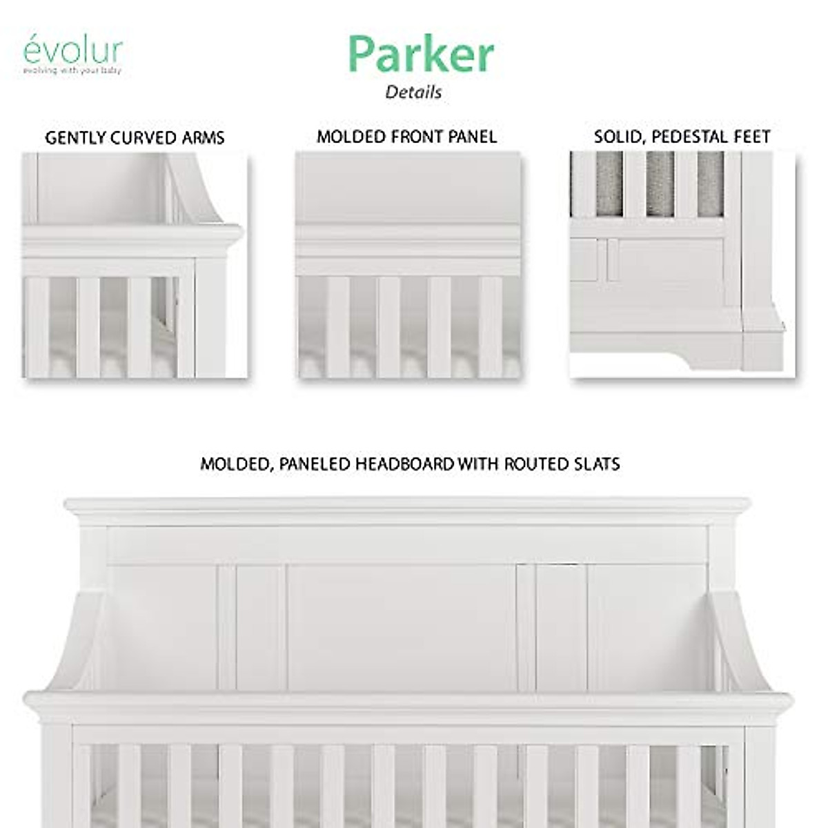 Evolur Parker 5 in 1 Convertible Crib, Winter White