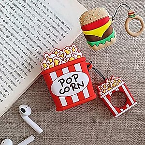 For Airpods Case, Cute 3D Airpods 1&2 Gen Cover with Finger Strap Silicone Rechargeable Headphone case for Apple AirPods 1st/2nd, Shockproof, Anti-Fall and Dustproof Protective (Popcorn and Hamburger)