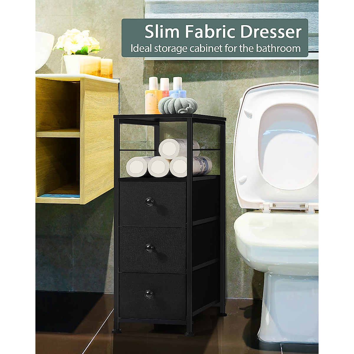 MOOACE Narrow Dresser for Bathroom, Slim Dresser Storage Cabinet, Chest of 3 Fabric Drawers with Wood Shelf, Bedroom Organizer Tower for Small Space, Closet, Laundry, Black