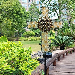 COOZZYHOUR 38inch Solar Cross Garden Lights Outdoor Decorative - Solar Metal&Glass Cross Apricot Hydrangea Flower Stake Lights- Waterproof 20 White LED for Remembrance Gifts & Sympathy Gifts