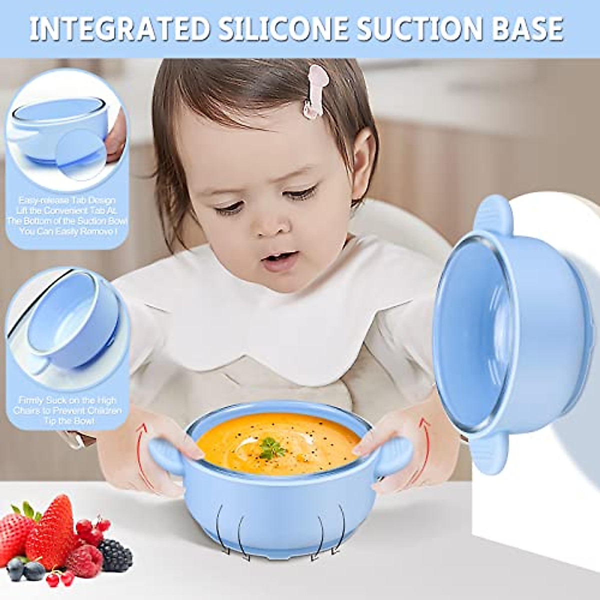 MAISON HUIS Baby Bowls with Suction for Toddlers, Silicone Bowls and Spoon Set for Babies Glass Bowl with Lid BPA Free Baby Led Weaning Supplies and Kids First Stage Feeding(Blue)