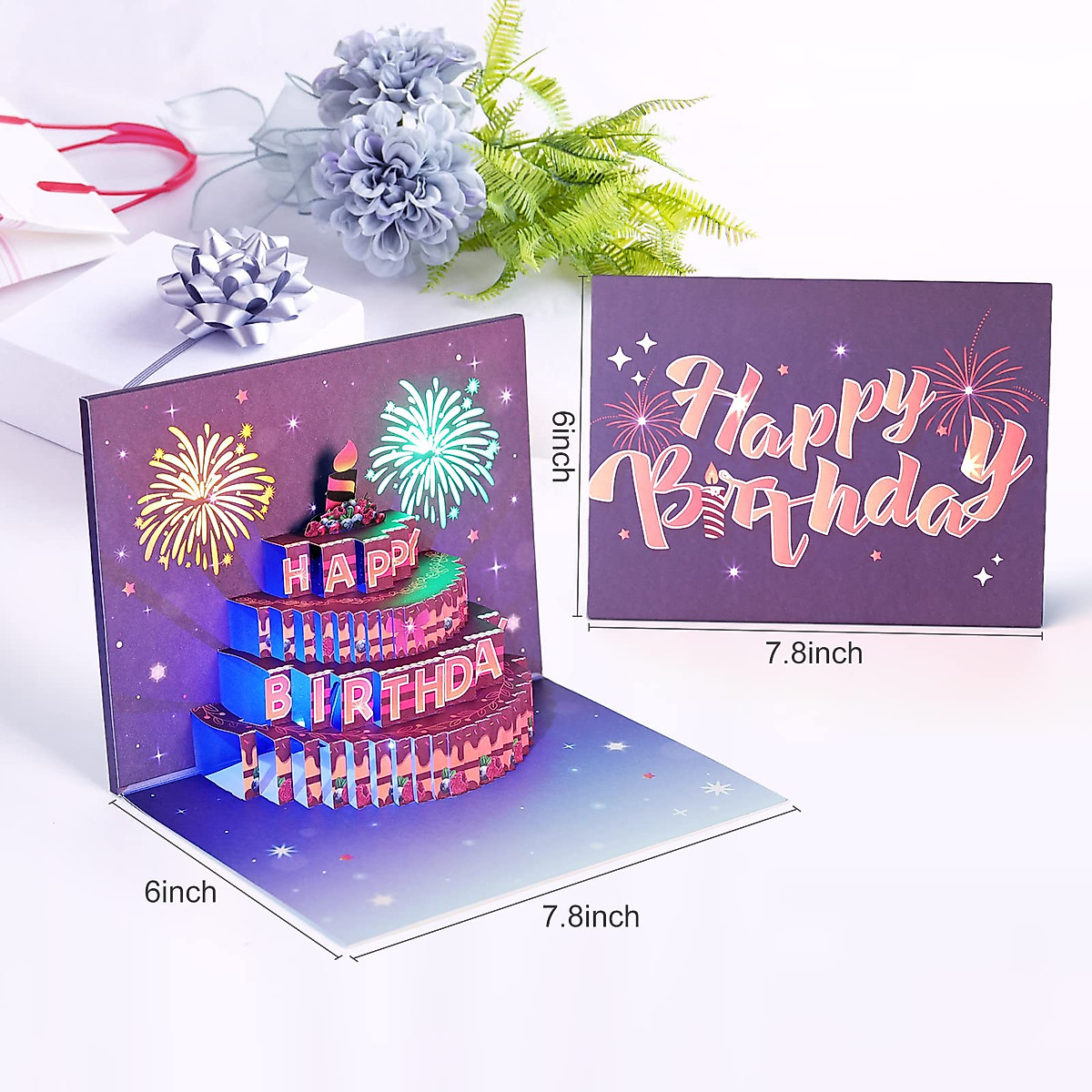 Yinqing Birthday Cards, Light and Music Birthday Cake Happy Birthday Card, 3D Pop Up Birthday Gift Greeting Card for Women Men Kids Husband Wife Mom Dad Daughter