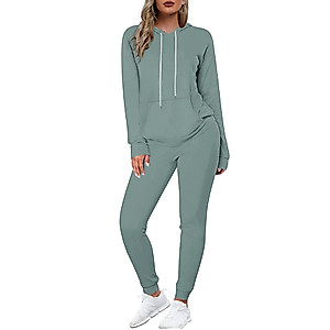 WIHOLL Two Piece Outfits for Women Fall Long Pants Set Sweatsuits Set Hoodie Sage Green L