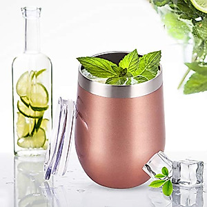 6 Pack Stainless Steel Wine Tumblers, 12Oz Insulated Wine Tumbler, Double Wall Insulated Wine Glass, Stainless Steel Stemless Wine Cups with Lids for Coffee, Wine, Cocktails, Champaign, Rose Gold…