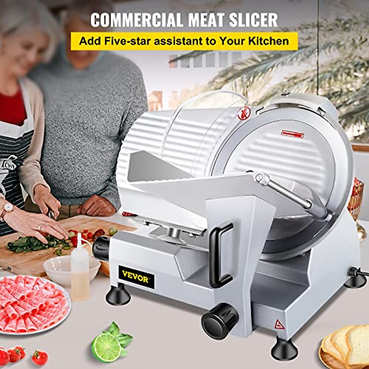 VEVOR Commercial Meat Slicer, 10 inch Electric Food Slicer, 240W Frozen Meat Deli Slicer, Premium Chromium-plated Steel Blade Semi-Auto Meat Slicer For Commercial and Home use