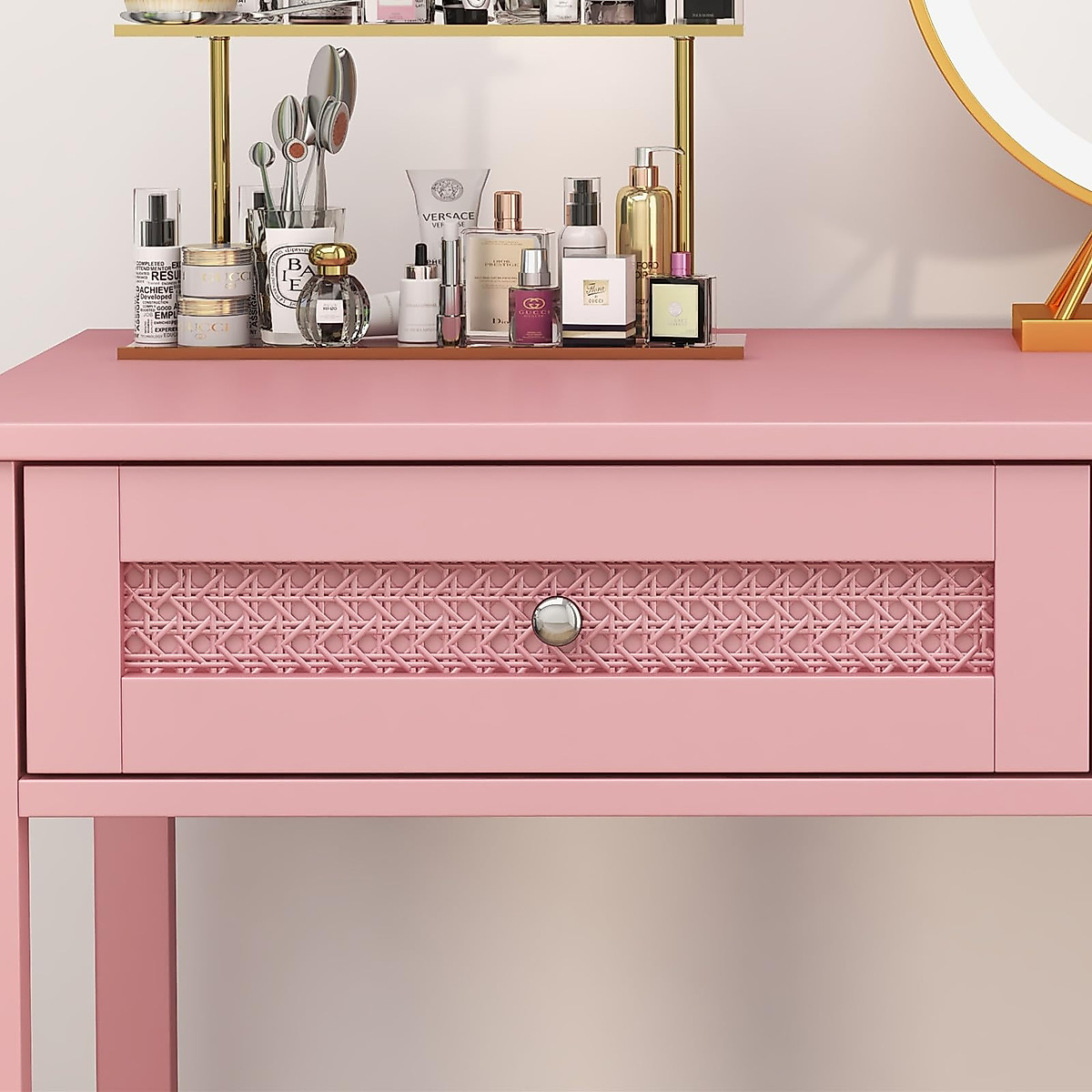 Vikiullf Pink Desk with Drawers - 39 in Study Writing Table Makeup Vanity Desks for Small Spaces, Modern Home Office Desk with 2 Rattan Drawers, (Pink, 39.5)