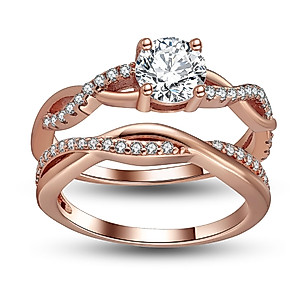 Queena CZ Wedding Ring Set for Women Rose Gold over Sterling Silver Engagement Ring Band Set Fake Engagement Rings for Women, Travel Wedding Ring Set, Cubic Zirconia Promise Rings for Her Size 8