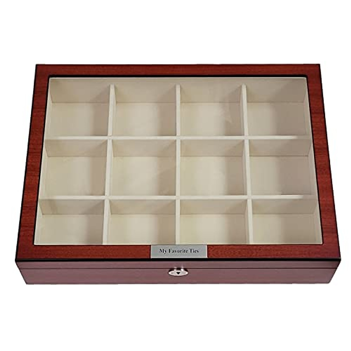 TIMELYBUYS Personalized Display Case for 12 Ties, Belts, and Accessories Cherry Wood Storage Box
