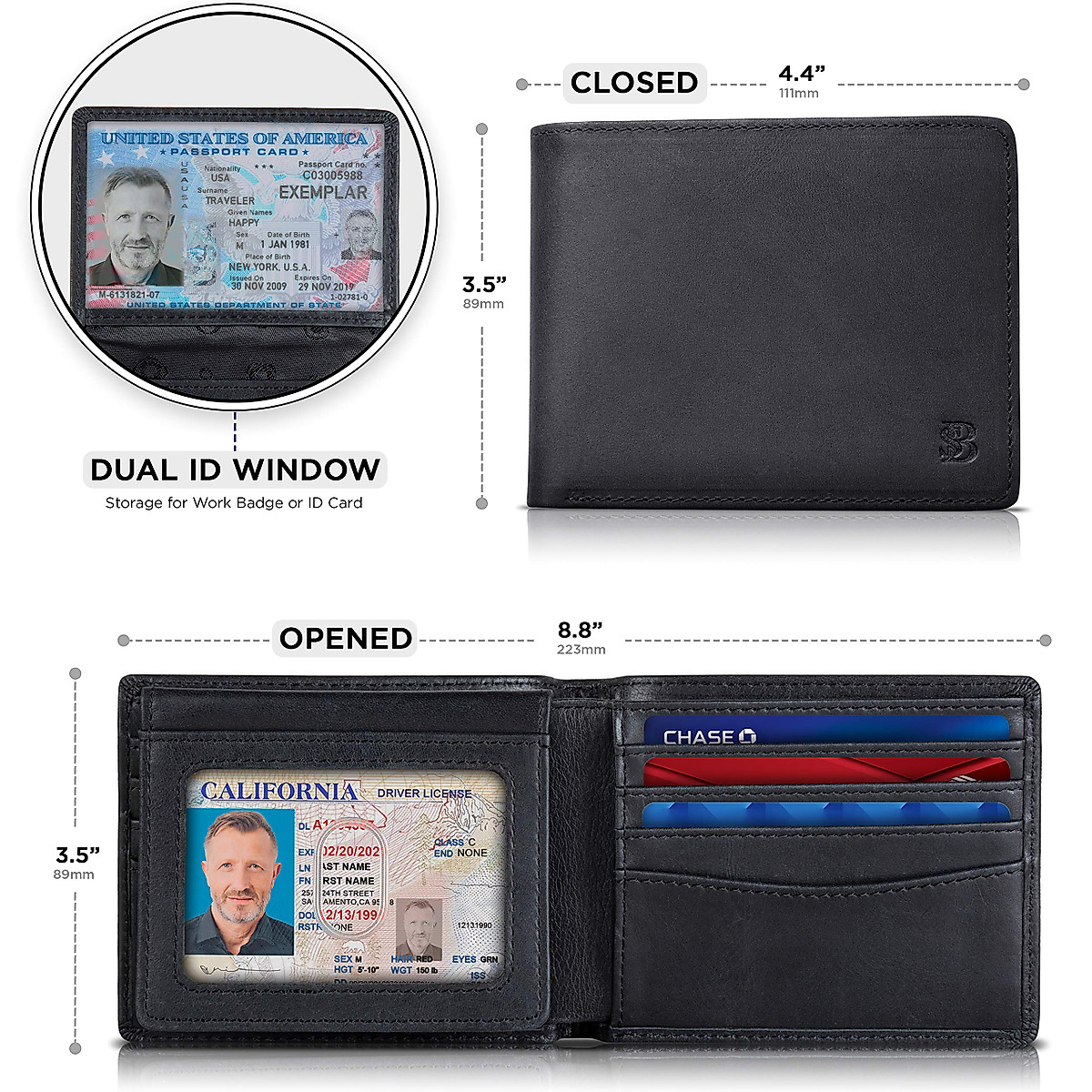 SERMAN BRANDS 2 ID Window Wallet for Men RFID Blocking Leather, Bifold Top Flip, Extra Capacity Travel Wallet (Charcoal Black Executive)