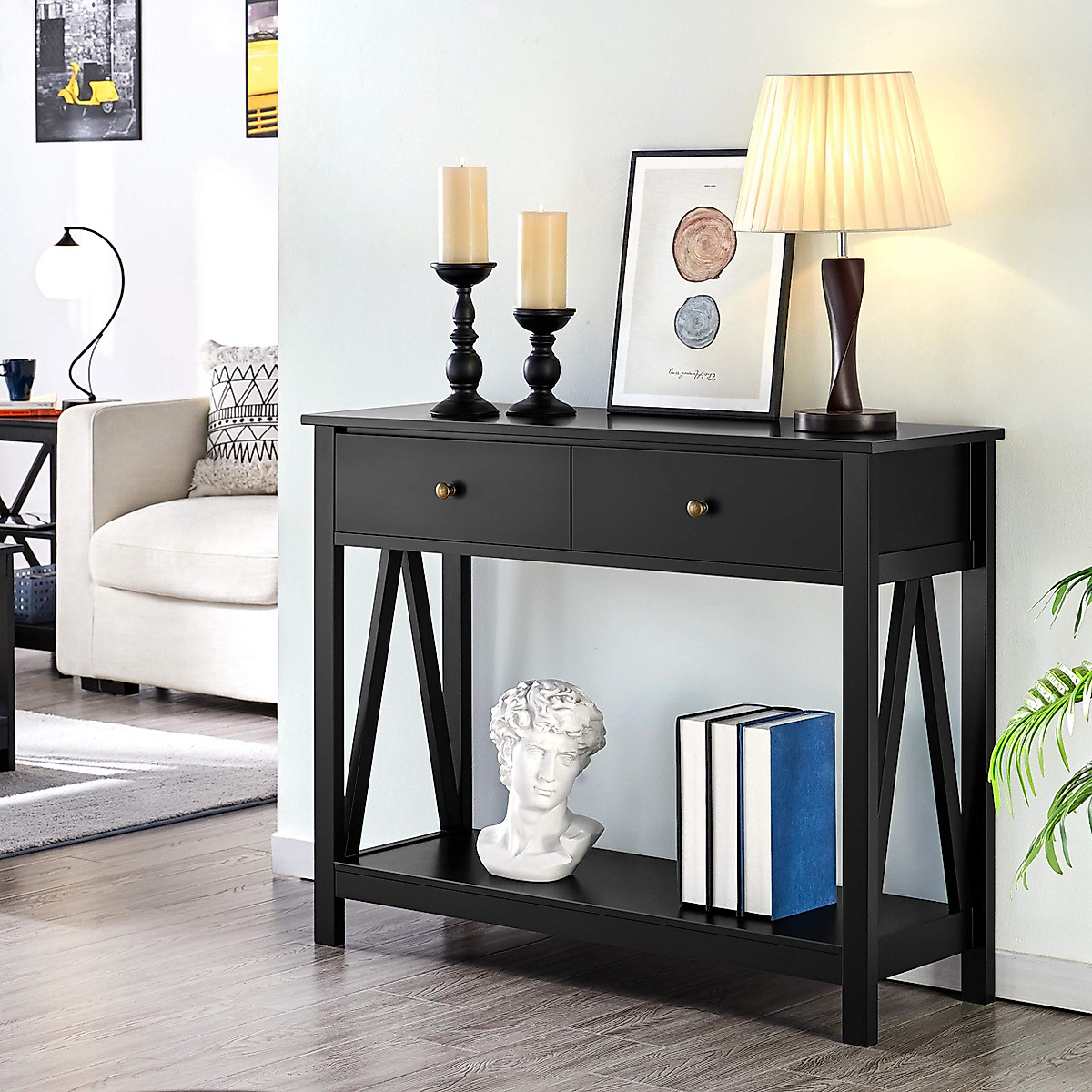 Yaheetech Console Table with Drawer, Wood Entryway Table with Storage Shelves, Sofa Table Narrow Long for Living Room Entryway Hallway, Easy Assembly, Black