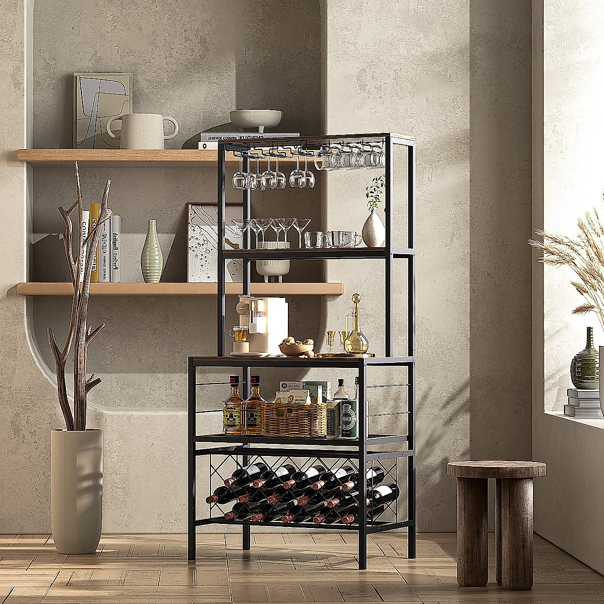 GEBAROW Wine Rack Freestanding, Metal Wine Rack, Industrial Wine Bakers Rack with LED and Sockets, Bar Cabinet with Glass Bottle Holder for Home Kitchen Dining Room, Rustic Brown