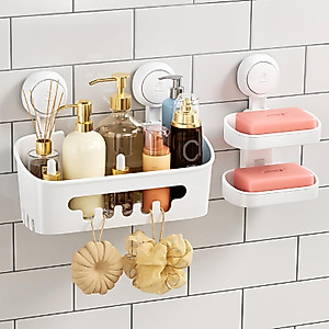 TAILI Shower Caddy Suction Cup Storage Basket + Double Layer Soap Dish, DIY Drill-Free Removable Shower Accessories Kitchen Bathroom Bedroom Organizer Set