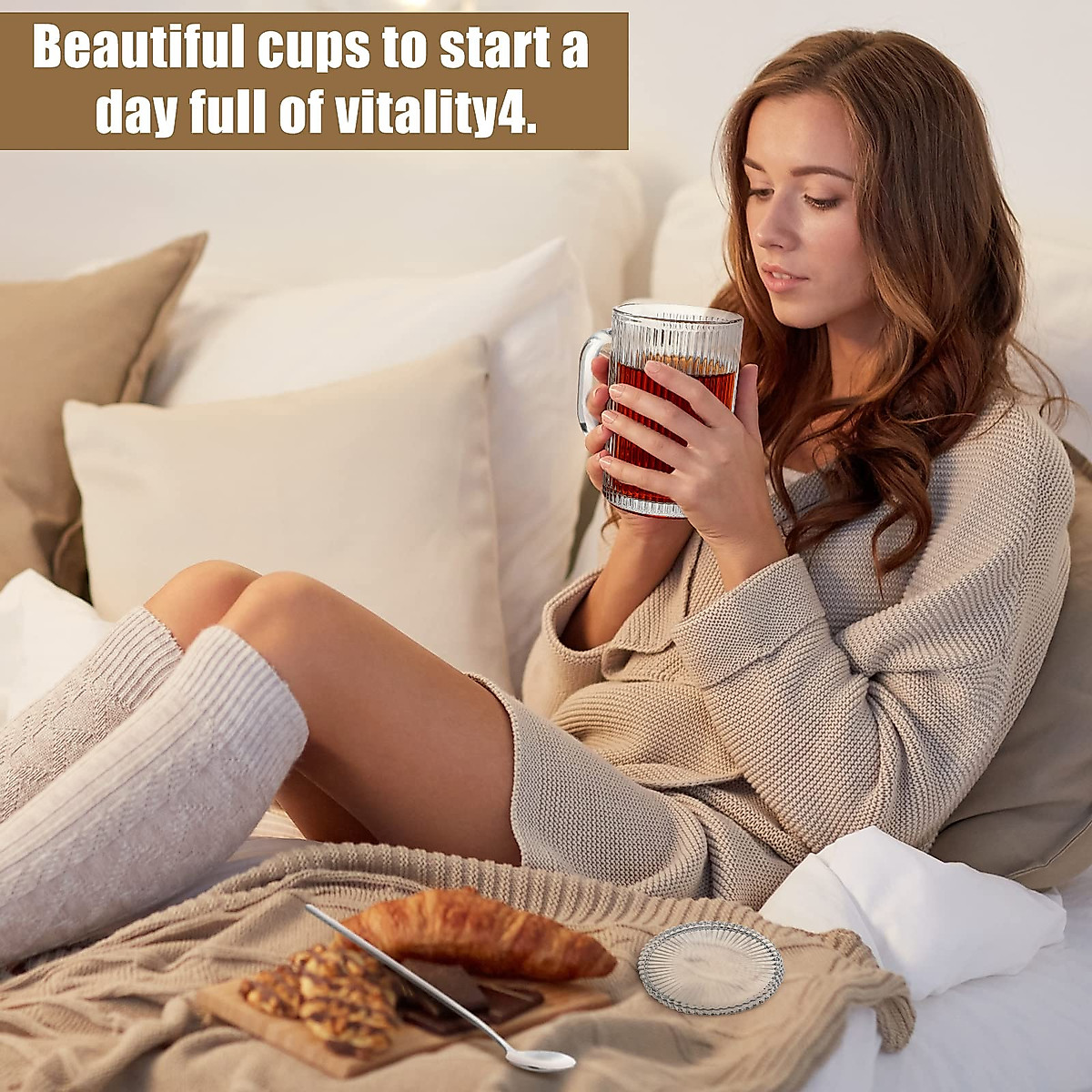 Hoolerry 14 oz Clear Glass Mug with Lid and Spoon Classical Vertical Stripe Tea Mug Ribbed Iced Coffee Cup Glass Coffee Mug Clear Coffee Mug for Milk Latte Water Chocolate Juice for Birthday Christmas