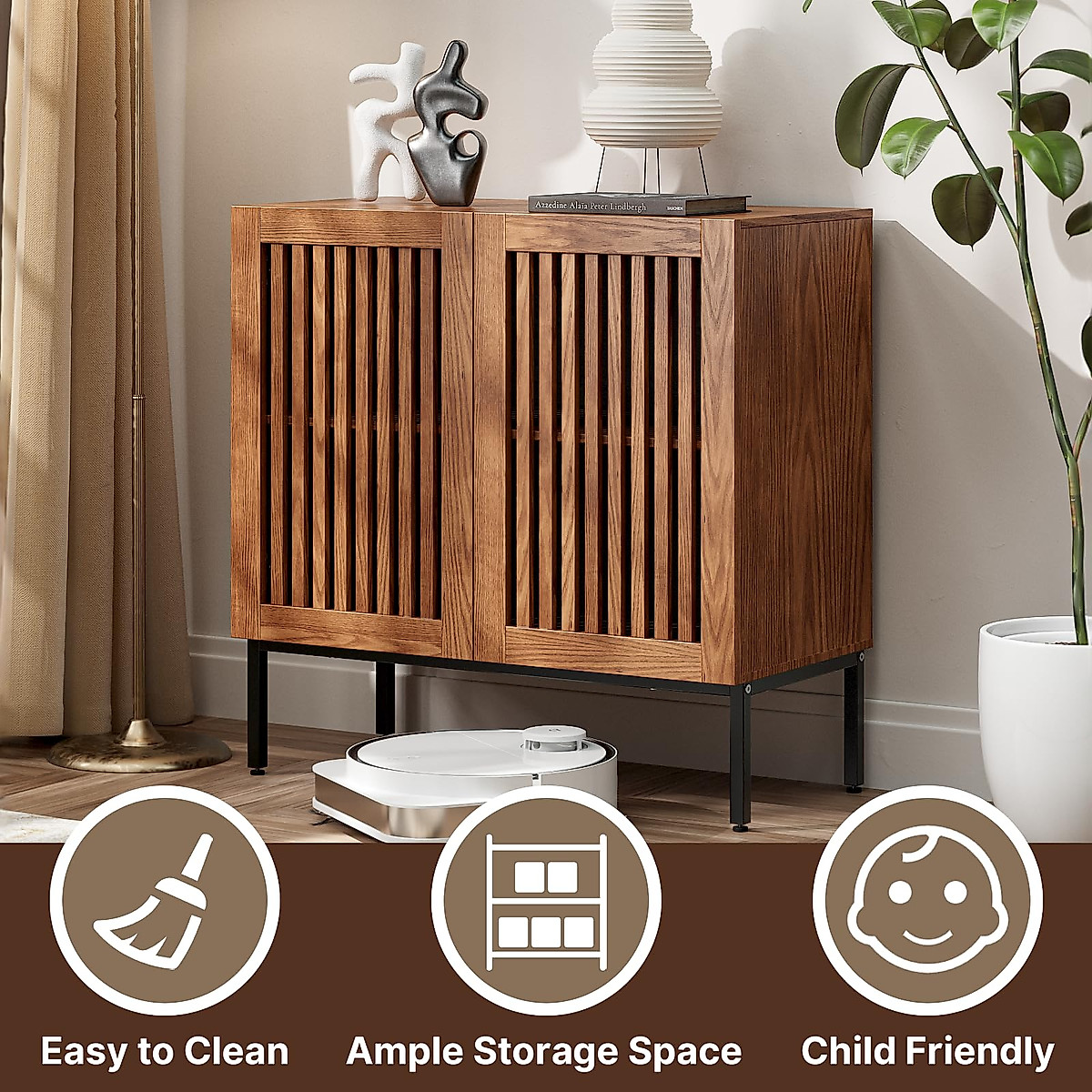 BVIUNTWO Storage Cabinet,31.5" Farmhouse Buffet Cabinet with Metal Base and Adjustable Shelf,Sideboard Coffee Bar Cabinet with 2 Doors for Kitchen,Dining Room,Living Room,Brown