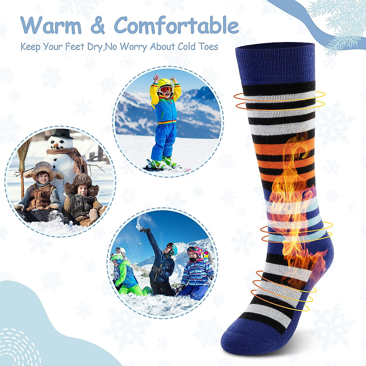 LULLABY KIDS Snow Ski Socks Full Terry Warm Skiing Socks Boys Thermal Socks Merino Wool Socks For Toddlers Kids Warm Socks, 2 Pairs Strip, 3-5 Years