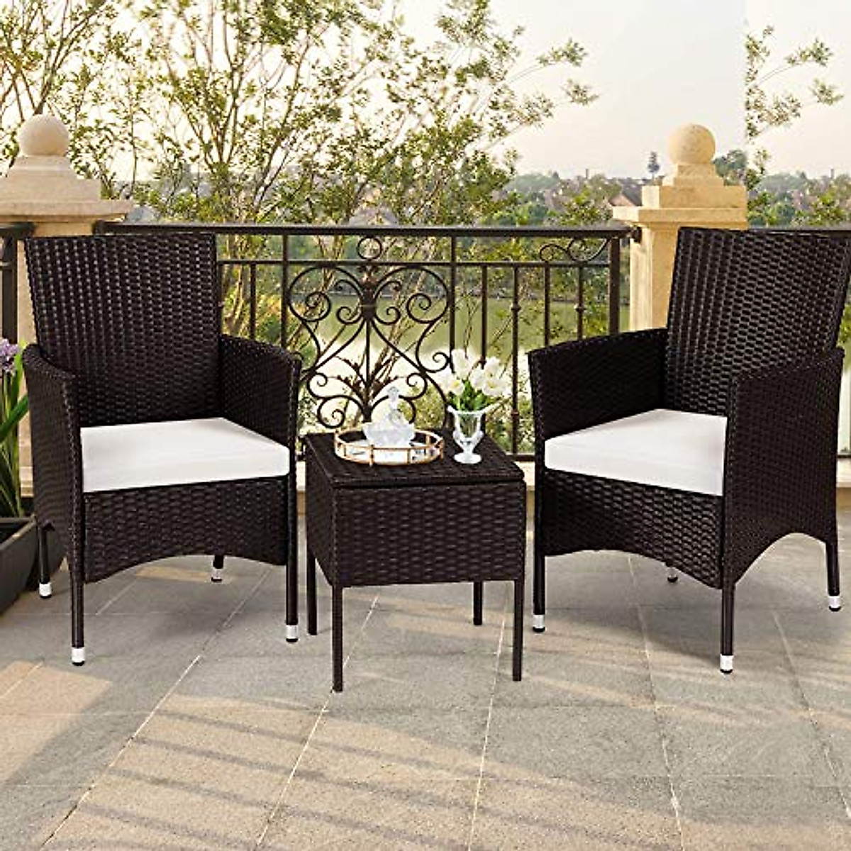Casart Set of 2 Rattan Cushioned Chairs, Outdoor Wicker Dining Armchairs, Perfect for Porch, Patio and Balcony