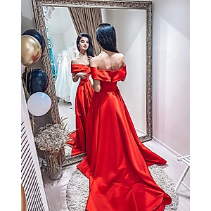 Off Shoulder Satin Prom Dresses Ball Gown Plus Size Formal Dresses for Women Wedding Dress with Slit,Red Size 10