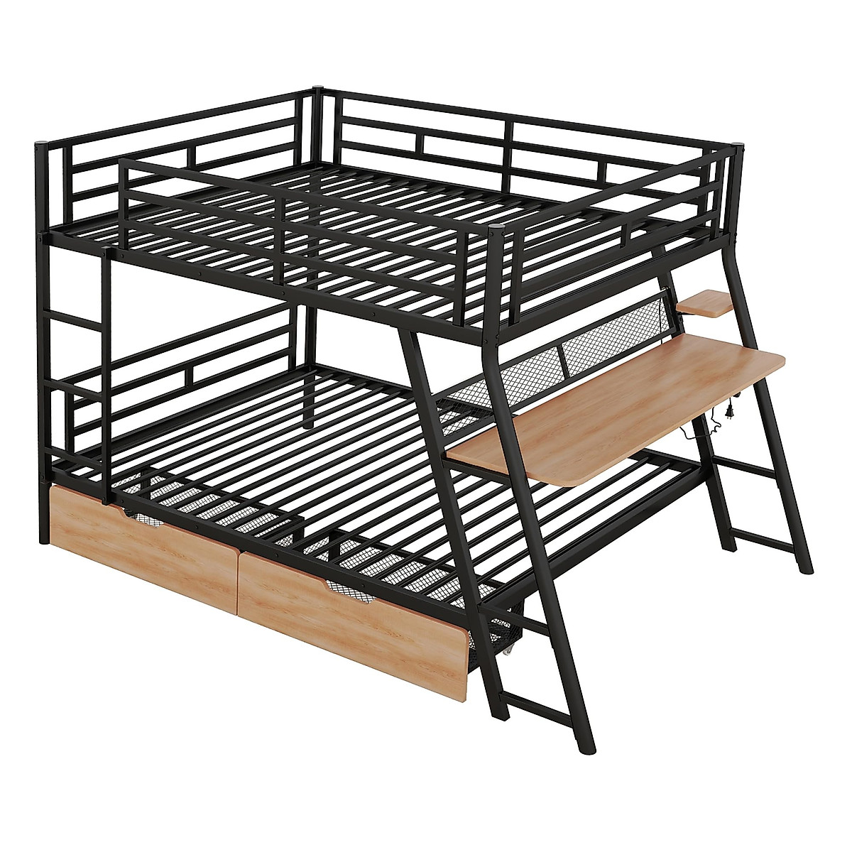 Flieks Bunk Bed, Full Over Full Metal Bunk Bed Frame with Built-in Desk, Light, 2 Drawers, Safety Guard Rails and Ladder, Heavy-Duty Steel Frame Bunk Bed for Kids Teens Adults (Black)