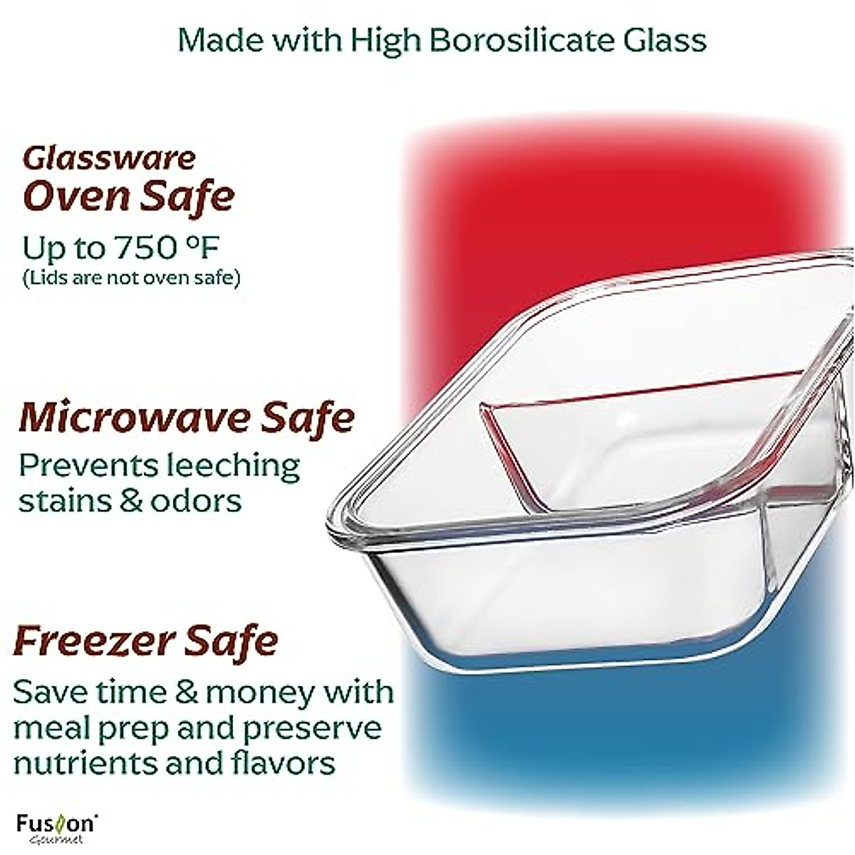 Fusion Gourmet Nestable Divided Glass Meal Prep Containers, 2 Compartment with Condiment container [4x 4 cup & 4x 1/2 cup] Airtight, Leak proof, Microwave Safe for Portion Control (Green)