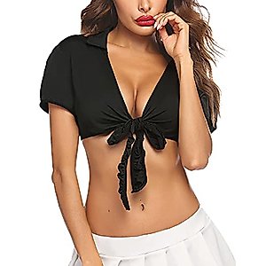 Avidlove Women Lingere Top Short Sleeve Bolero Cardigan Sexy Crop Top Tie up Shrug Cosplay Shirt Black, L