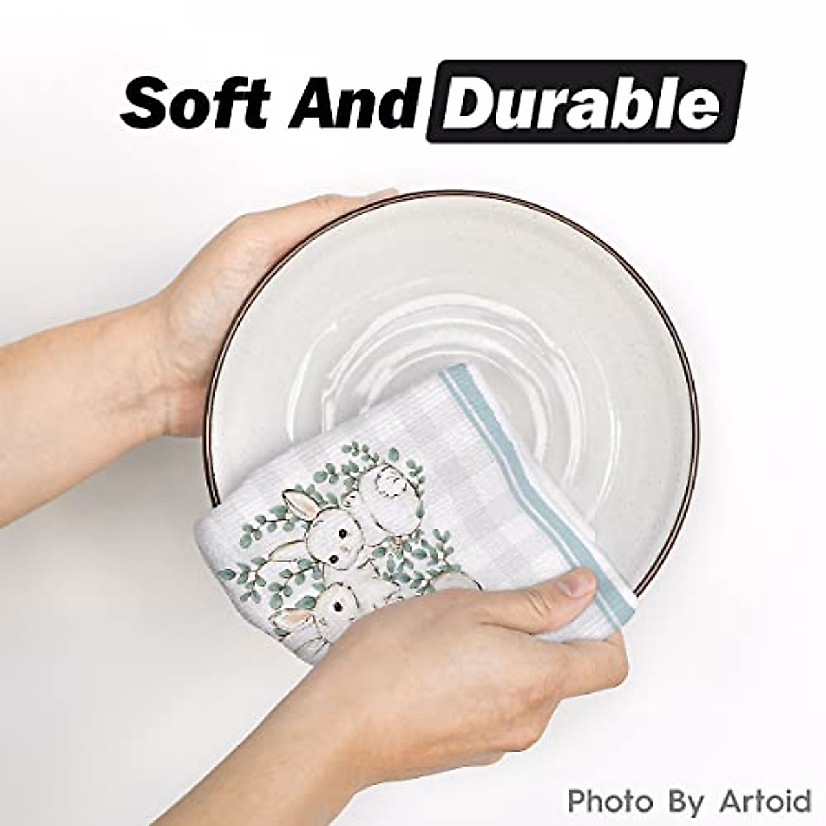 Artoid Mode Buffalo Plaid Rabbit Bunny Eucalyptus Leaves Easter Kitchen Towels Dish Towels, 18x26 Inch Seasonal Spring Holiday Decoration Hand Towels Set of 2