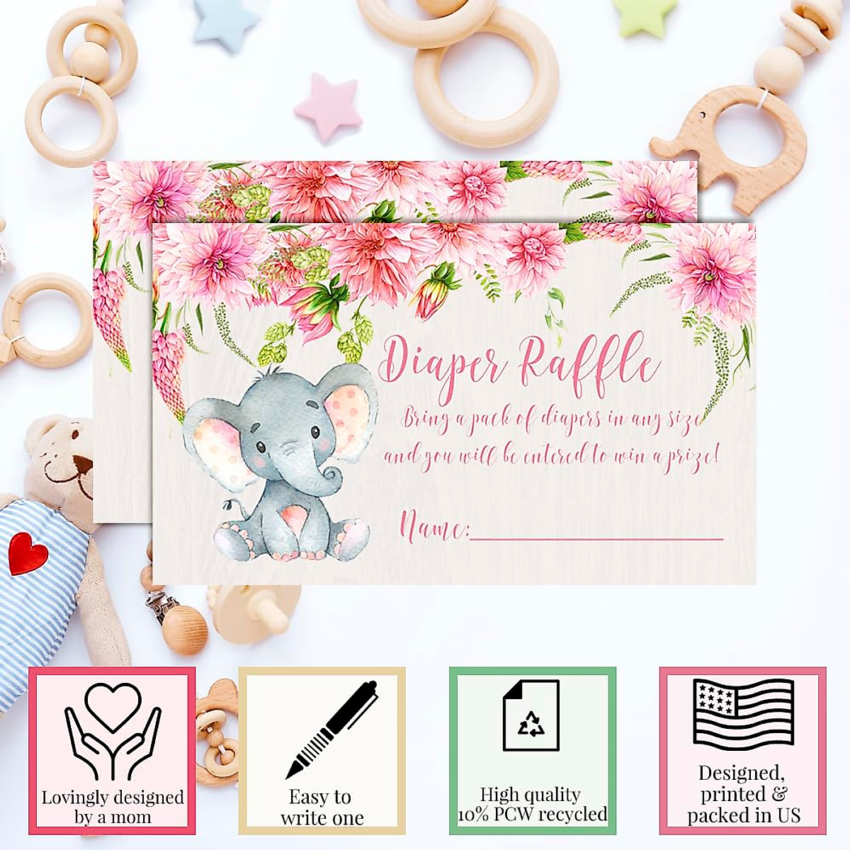 Amanda Creation Watercolor Dahlia Floral Elephant Diaper Raffle Tickets for Girl Baby Showers, 20 2" X 3” Double Sided Inserts, Bring a Pack of Diapers to Win Favors & Prizes!