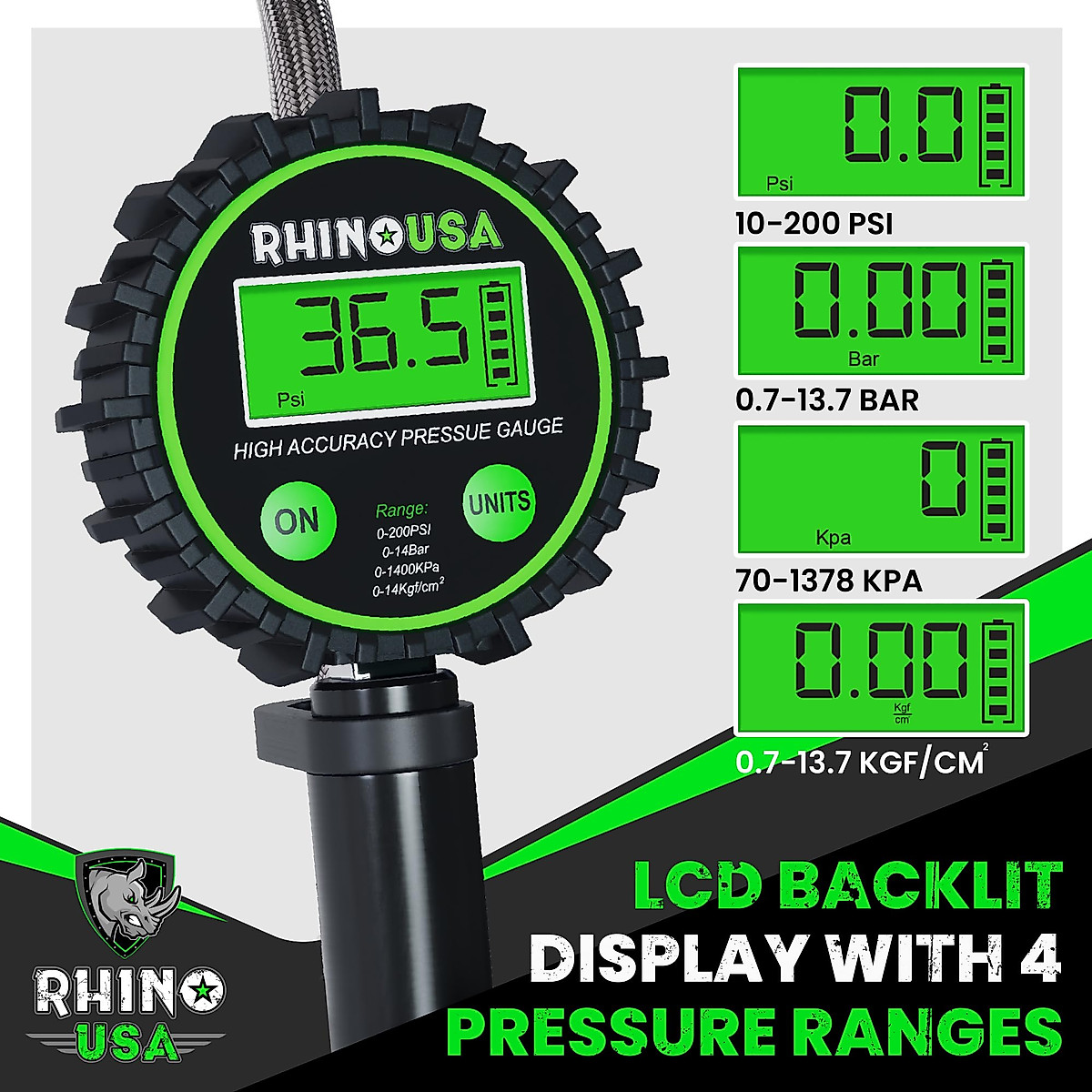 Rhino USA Digital Tire Inflator with Pressure Gauge (0-200 PSI) - ANSI B40.7 Accurate, Large 2" Easy Read Glow Dial, Premium Braided Hose, Solid Brass Hardware, Best for Any Car, Truck, Motorcycle, RV