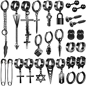 Black Cross Earrings for Men, 28 Pieces Stainless Steel Long Chain Dangle Piercing Hoop Earrings Set for Gifts (Black)