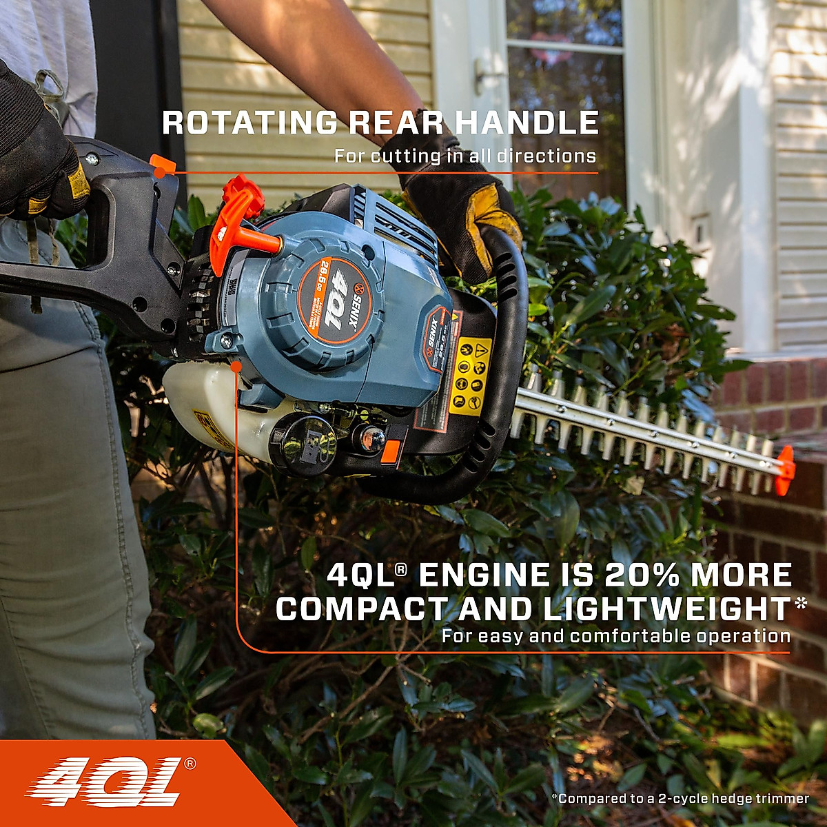 SENIX 4QL 26.5 cc 4 Cycle 22-Inch Gas Hedge Trimmer, Garden Tool to Trim Shrubs, Bushes, and More, Double Sided Dual Action Blades, 1-1/8" Cutting Capacity, Includes Blade Cover (HT4QL-L)