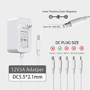 12v 3A Power Supply AC Adapter, GXILEE UL Listed 12 Volt 3 Amp Power Supply for DC 12v LED Light, Security Camera, Come with 5.5mm x 2.1mm Connector Plug Adapter(5Ft White AC Adapters, 36 Watt Max)