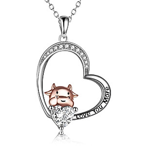 ONEFINITY Sterling Silver Lovely Cow Necklace Heart Pendant Necklace with Engraved Word Heart Necklace Mother's Day Gifts for Women Mom Wife