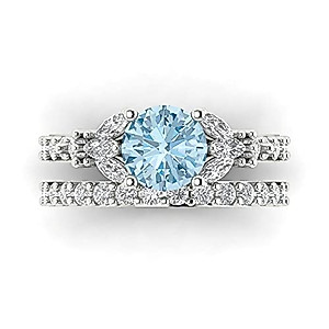 Clara Pucci 2.72ct Round Cut Custom Marquise 3 stone Sky Blue Topaz Engagement Wedding Bridal Ring Band set 18K White Gold Size 5.75